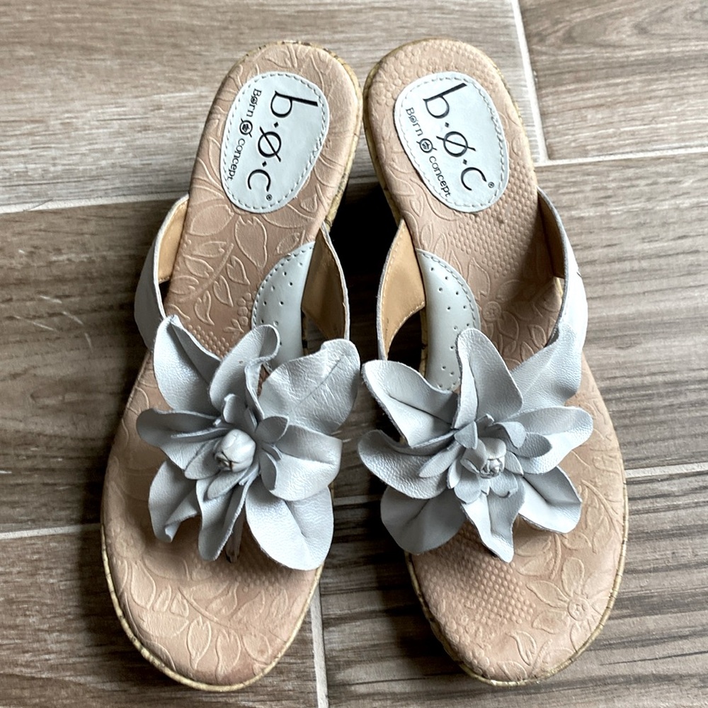 Boc Born Pearl White Leather Sandals Wedge Cork Flowe… - Gem